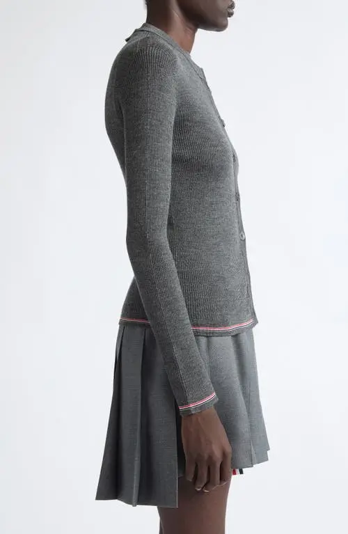 Thom Browne Crewneck Wool Cardigan With Signature Stripes - Medium Grey