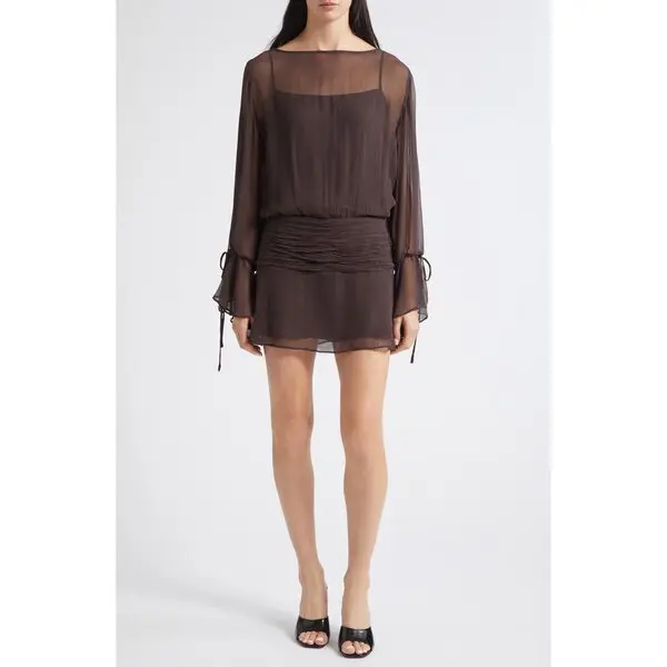 Staud Beatrix Long Sleeve Ruched Waist Dress - Earth