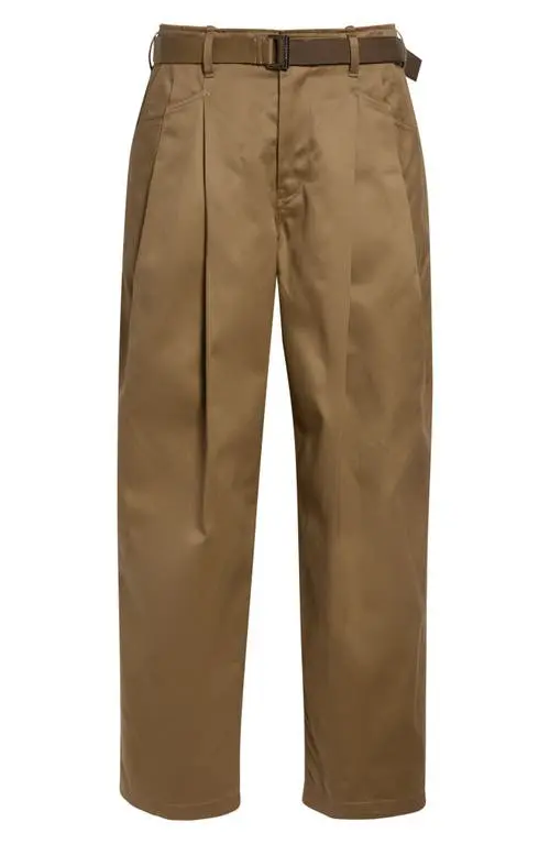 Sacai Belted Pleat Front Cotton Chinos - Dark Beige