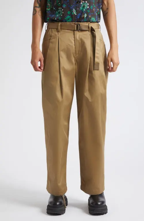 Sacai Belted Pleat Front Cotton Chinos - Dark Beige