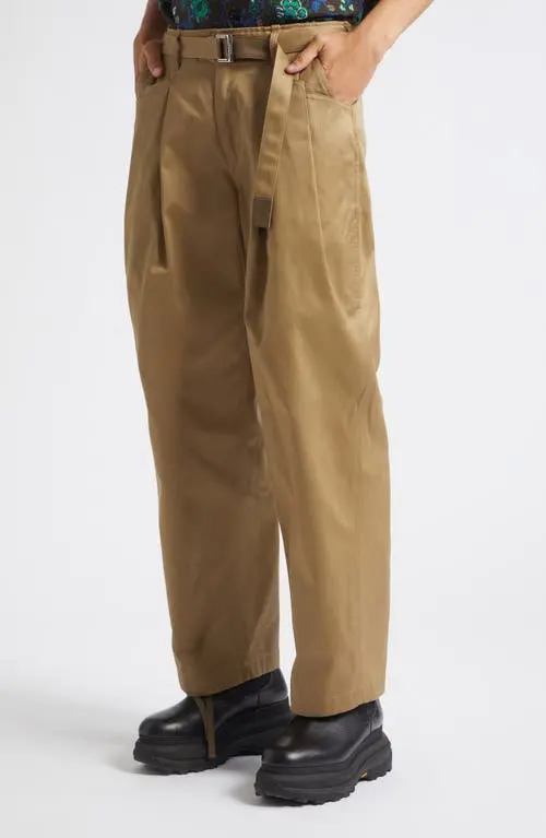 Sacai Belted Pleat Front Cotton Chinos - Dark Beige