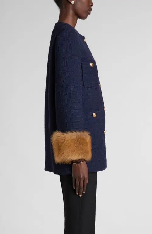 Valentino Garavani Wool Blend Tweed Jacket With Faux Fur Cuffs
