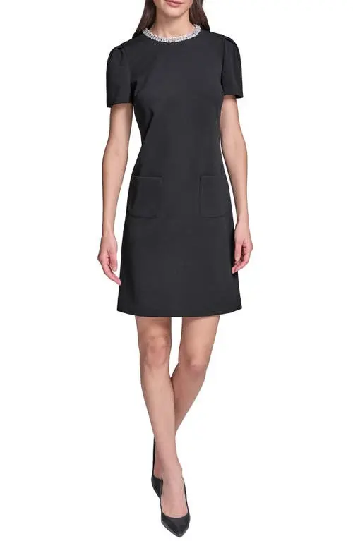 Karl Lagerfeld Pearl Collar Scuba Crepe Sheath Dress - Black