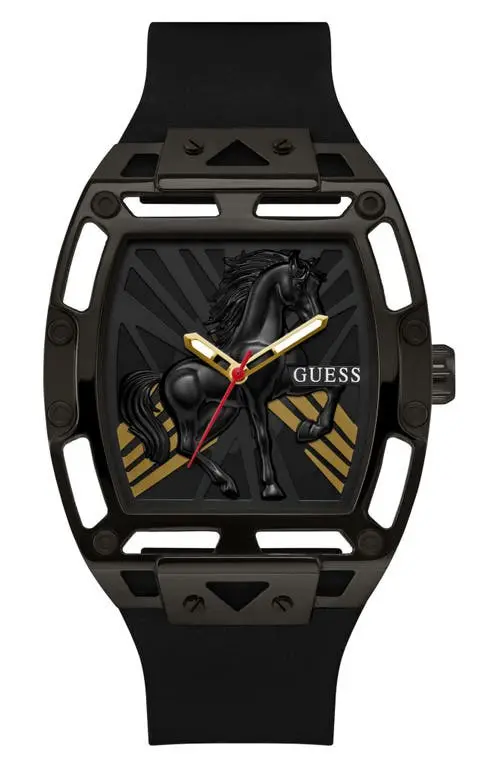 Guess Tonneau Silicone Strap Watch With Horse Motif - Black