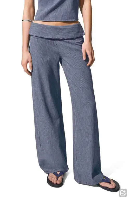 Mango Striped Foldover Waist Wide Leg Cotton Jeans