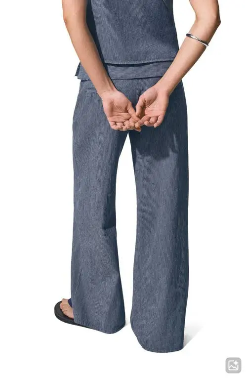 Mango Striped Foldover Waist Wide Leg Cotton Jeans