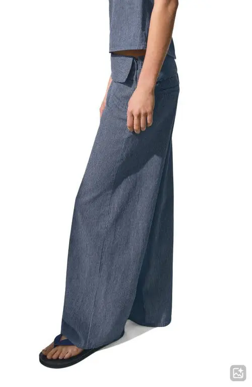 Mango Striped Foldover Waist Wide Leg Cotton Jeans