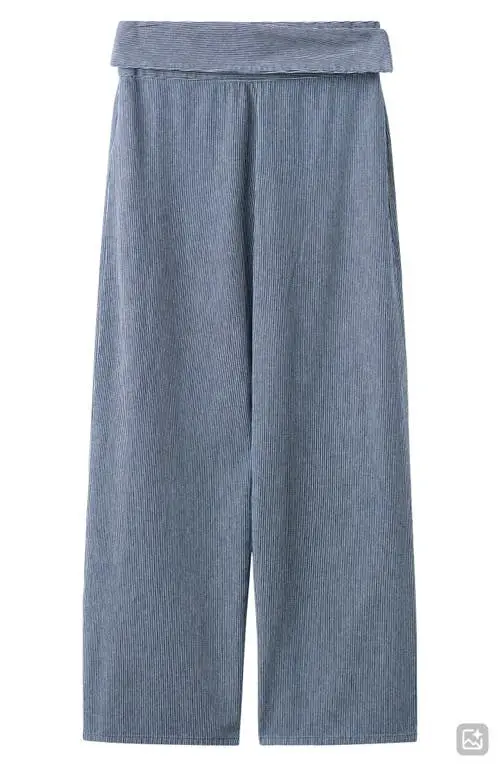 Mango Striped Foldover Waist Wide Leg Cotton Jeans