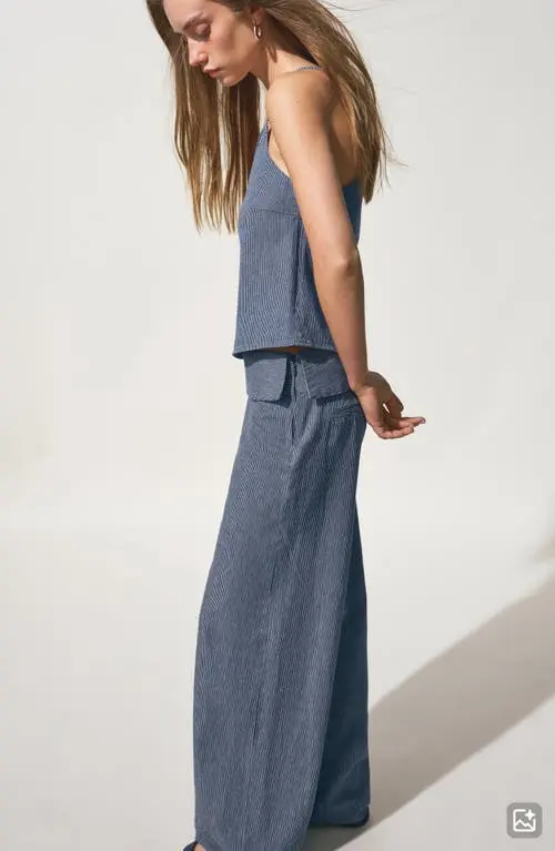 Mango Striped Foldover Waist Wide Leg Cotton Jeans