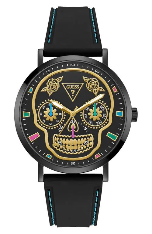 Guess Day Of The Dead Multifunction Silicone Strap Watch