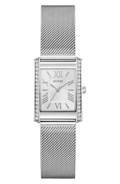 Guess Crystal Bezel Tank Mesh Strap Watch - White/silver