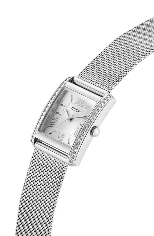 Guess Crystal Bezel Tank Mesh Strap Watch - White/silver
