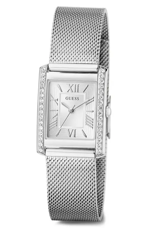 Guess Crystal Bezel Tank Mesh Strap Watch - White/silver