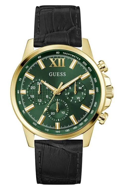 Guess Walker Green Dial Multifunction Leather Strap Watch