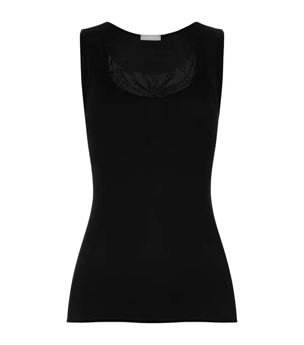 Hanro Cotton Rosaria Tank Top With Floral Embroidery - Black