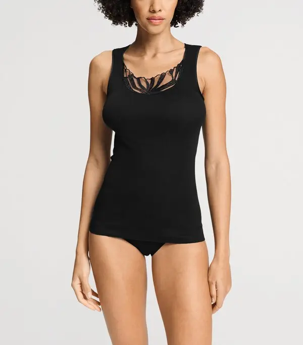 Hanro Cotton Rosaria Tank Top With Floral Embroidery - Black