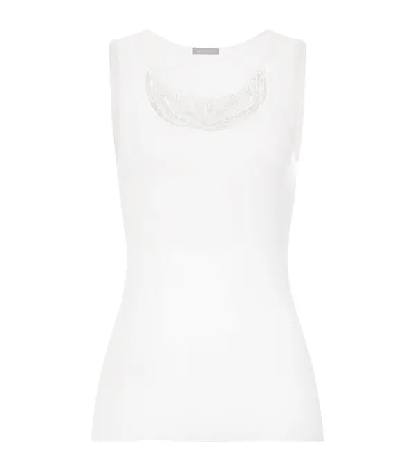 Hanro Cotton Rosaria Tank Top With Embroidered Neckline - Ivory