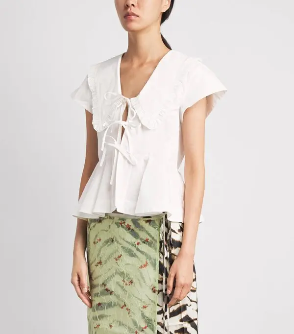 GANNI Cotton Bow Detail Peplum Blouse