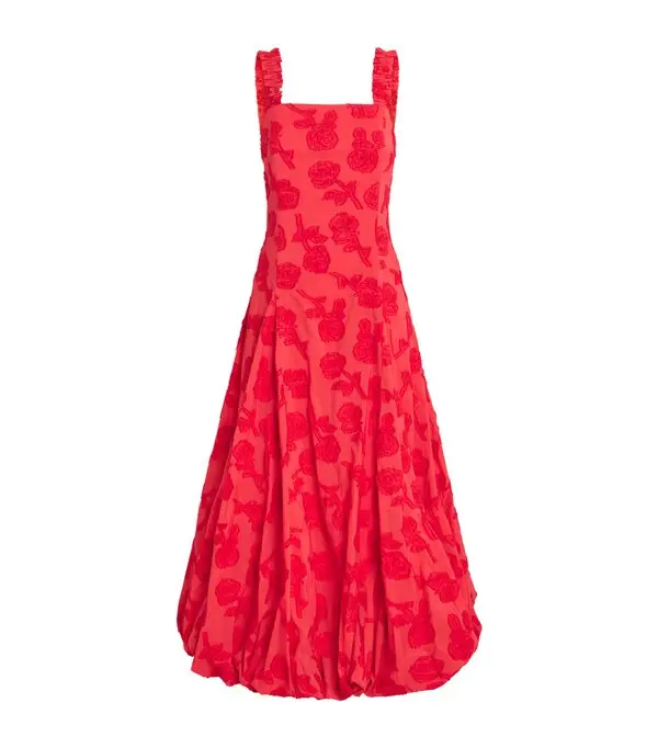 GANNI Floral Bubble-hem Midi Dress - Red