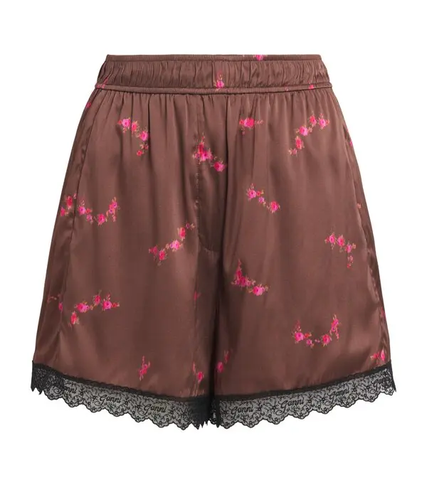 GANNI Floral Print Satin Lace-trimmed Shorts