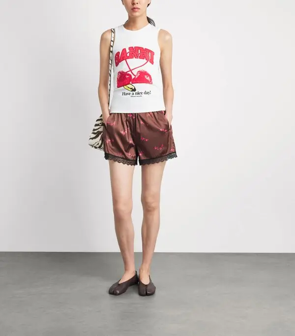 GANNI Floral Print Satin Lace-trimmed Shorts
