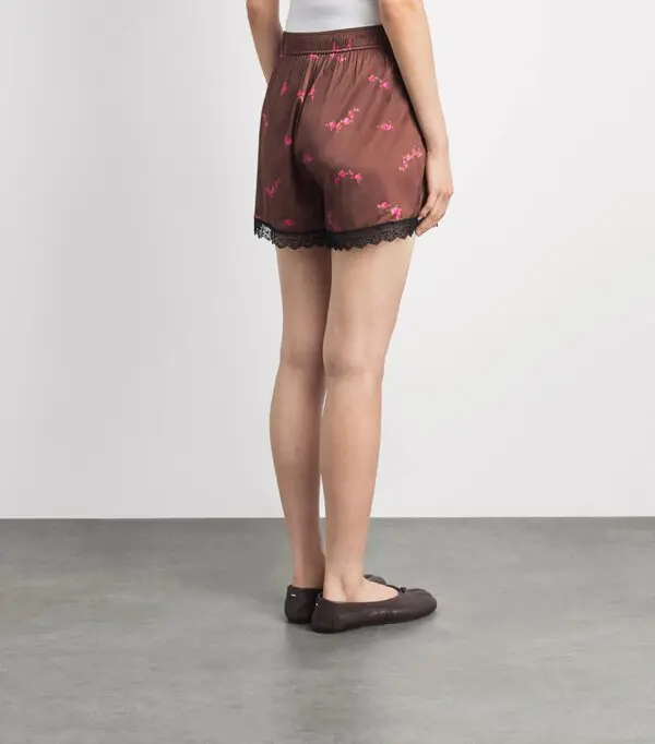 GANNI Floral Print Satin Lace-trimmed Shorts