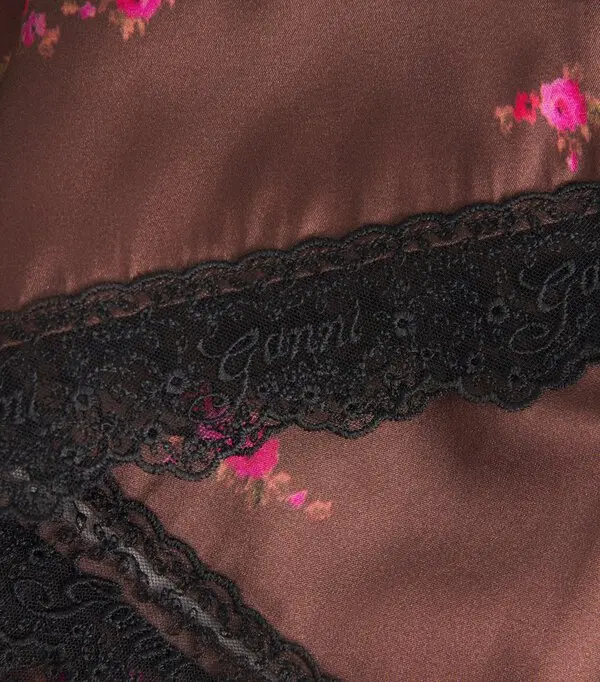 GANNI Floral Print Satin Lace-trimmed Shorts