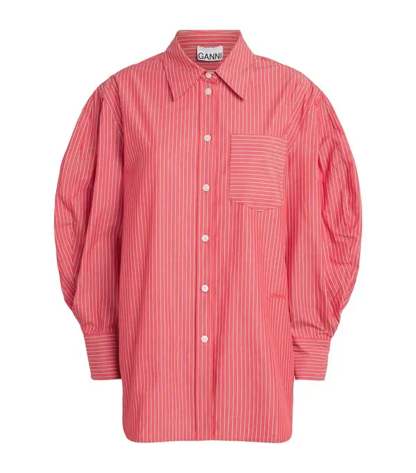 GANNI Cotton Stripe Oxford Shirt With Pleated Sleeves
