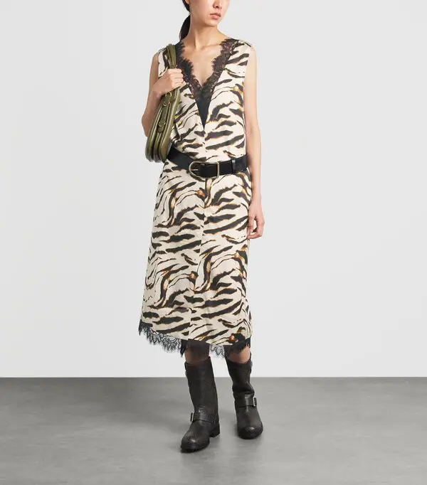 GANNI Zebra Print Midi Dress With Lace Trims - Ivory