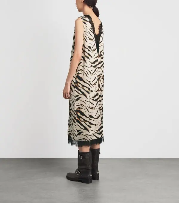 GANNI Zebra Print Midi Dress With Lace Trims - Ivory