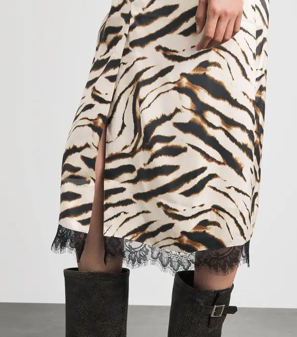 GANNI Zebra Print Midi Dress With Lace Trims - Ivory