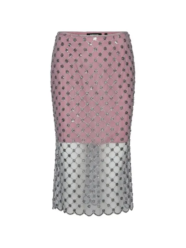 ROTATE BY BIRGER CHRISTENSEN Midi Sequin Skirt With Flower Embellishment And Transparent Hem - Rosa