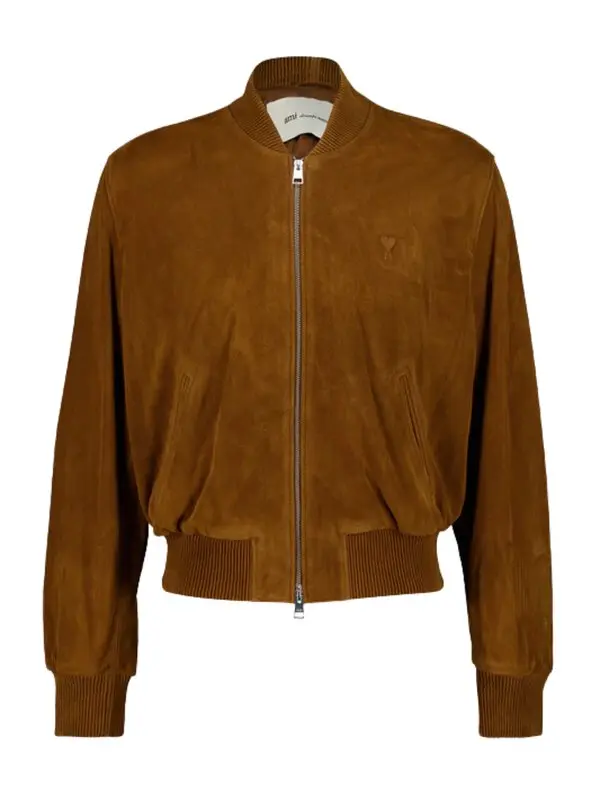AMI Paris 100% Goat Leather Bomber Jacket - Brown