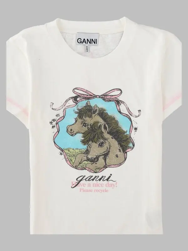 GANNI Graphic Print Cotton T-shirt - Beige