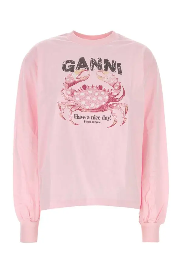 GANNI Graphic Print Cotton T-shirt - Pink