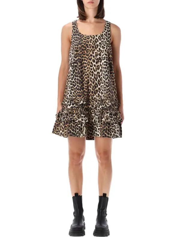 GANNI Leopard Mini Dress In Organic Cotton Poplin - Marrone