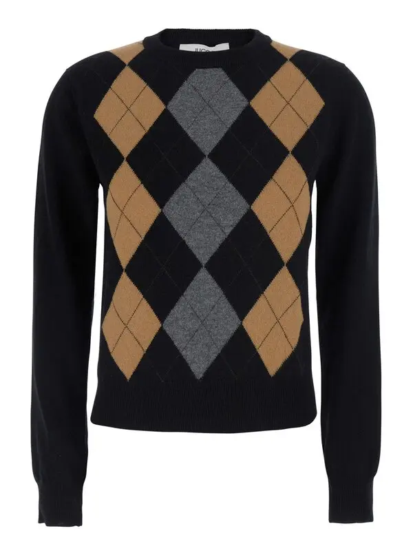 JUCCA Argyle Knit Crew Neck Sweater - Black