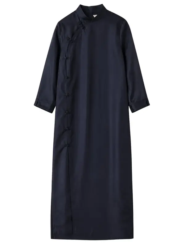 RÓHE Mandarin-collar Silk Long Dress With Diagonal Button Front - Navy