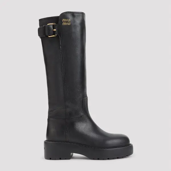 Miu Miu Knee High Buckled Leather Boots - Black