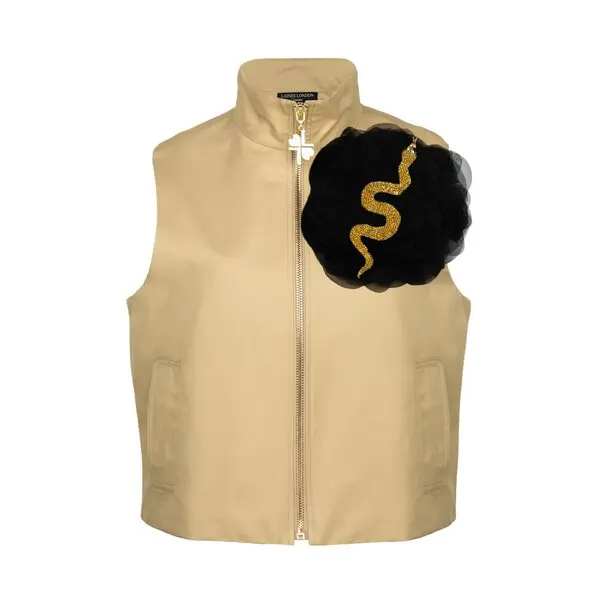 HOUSE OF LAINES LONDON Cropped Trench Gilet With Embellished Flower Detail - Black/gold