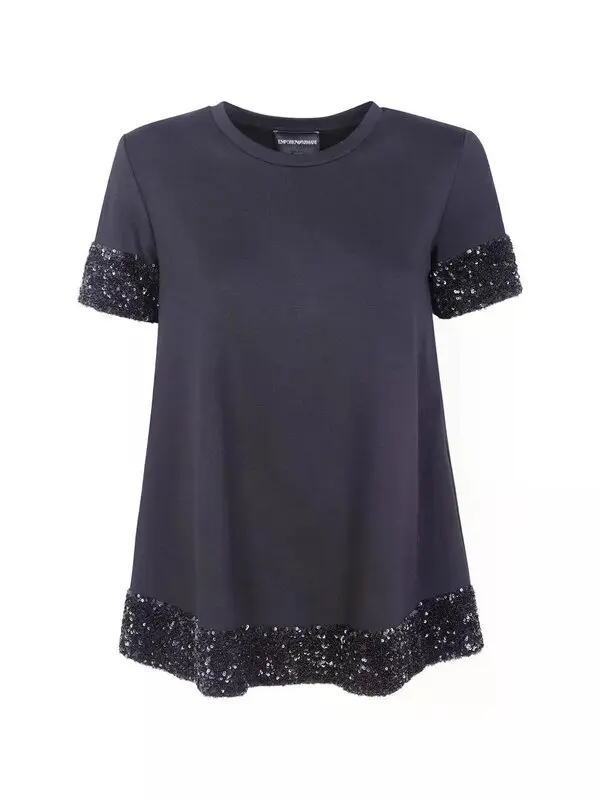 Emporio Armani Short-sleeved Viscose Jumper With Sequined Cuffs And Hem - Black