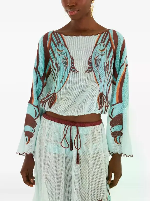 Farm Rio Fish-print Open-knit Blouse