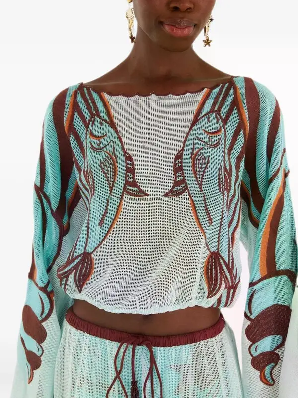 Farm Rio Fish-print Open-knit Blouse
