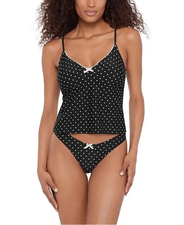 Steve Madden Polka Dot Lace Back Cami Tankini With Bow And Picot Edge - Raven