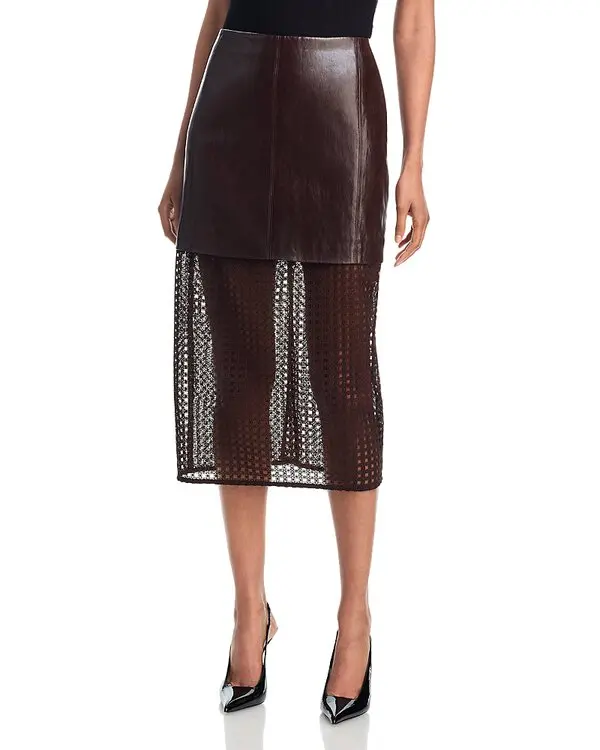 MILLY Novah Faux Leather Midi Skirt With Lace Detail