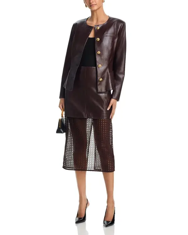 MILLY Novah Faux Leather Midi Skirt With Lace Detail