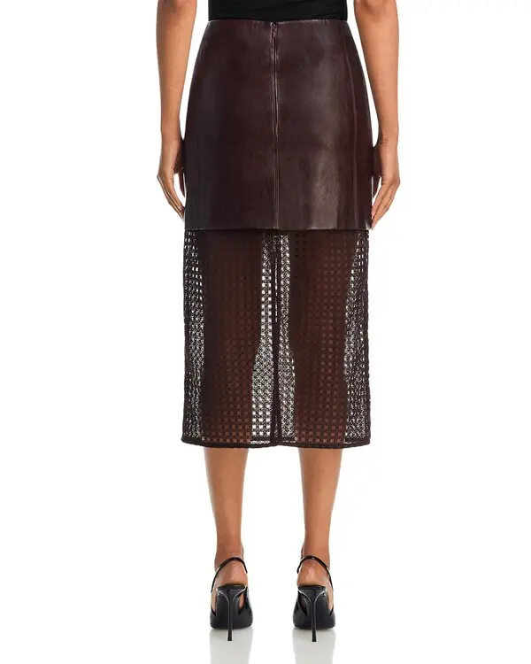 MILLY Novah Faux Leather Midi Skirt With Lace Detail