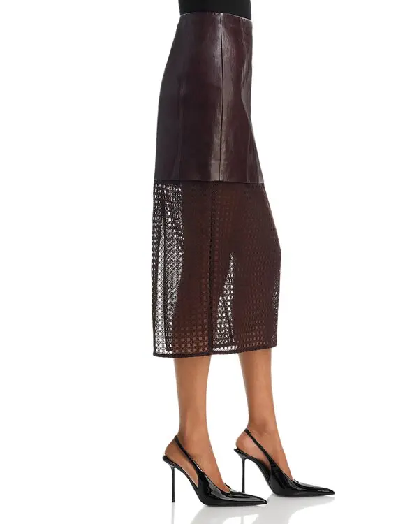MILLY Novah Faux Leather Midi Skirt With Lace Detail