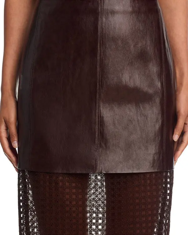 MILLY Novah Faux Leather Midi Skirt With Lace Detail