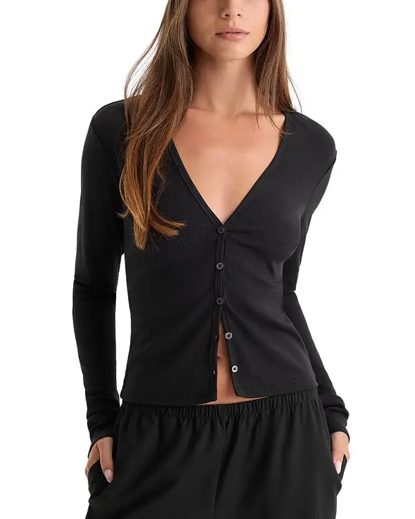 Good American Rib V-neck Cardigan Tee - Black